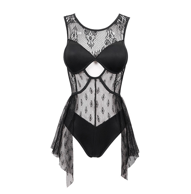 Embroidered Mesh Black Cut Out One Piece Swimsuit Rebelsmarket
