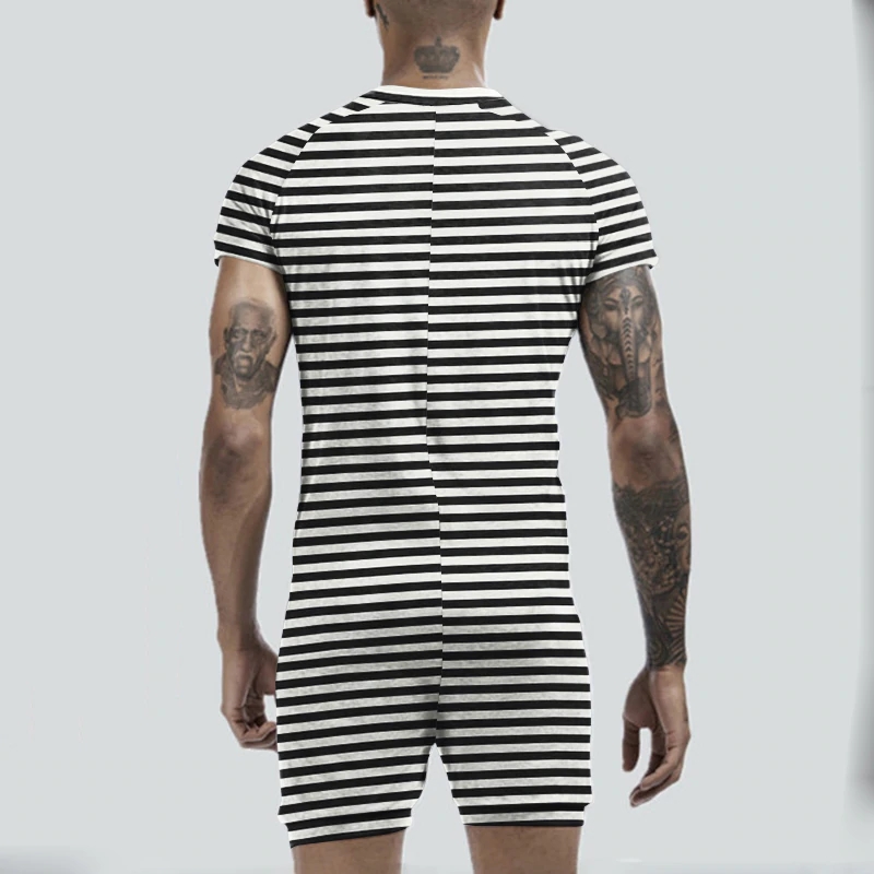 Black Striped Short Sleeves Button-Up Round Neck Romper | RebelsMarket