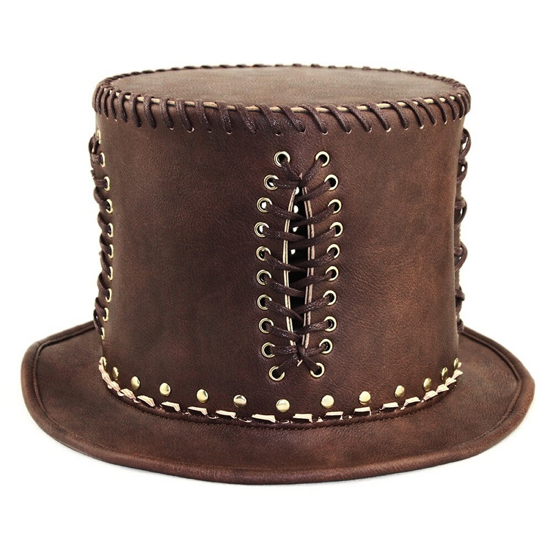 Men's Faux Leather Lace-Up Detail Top Hat With Googles | RebelsMarket