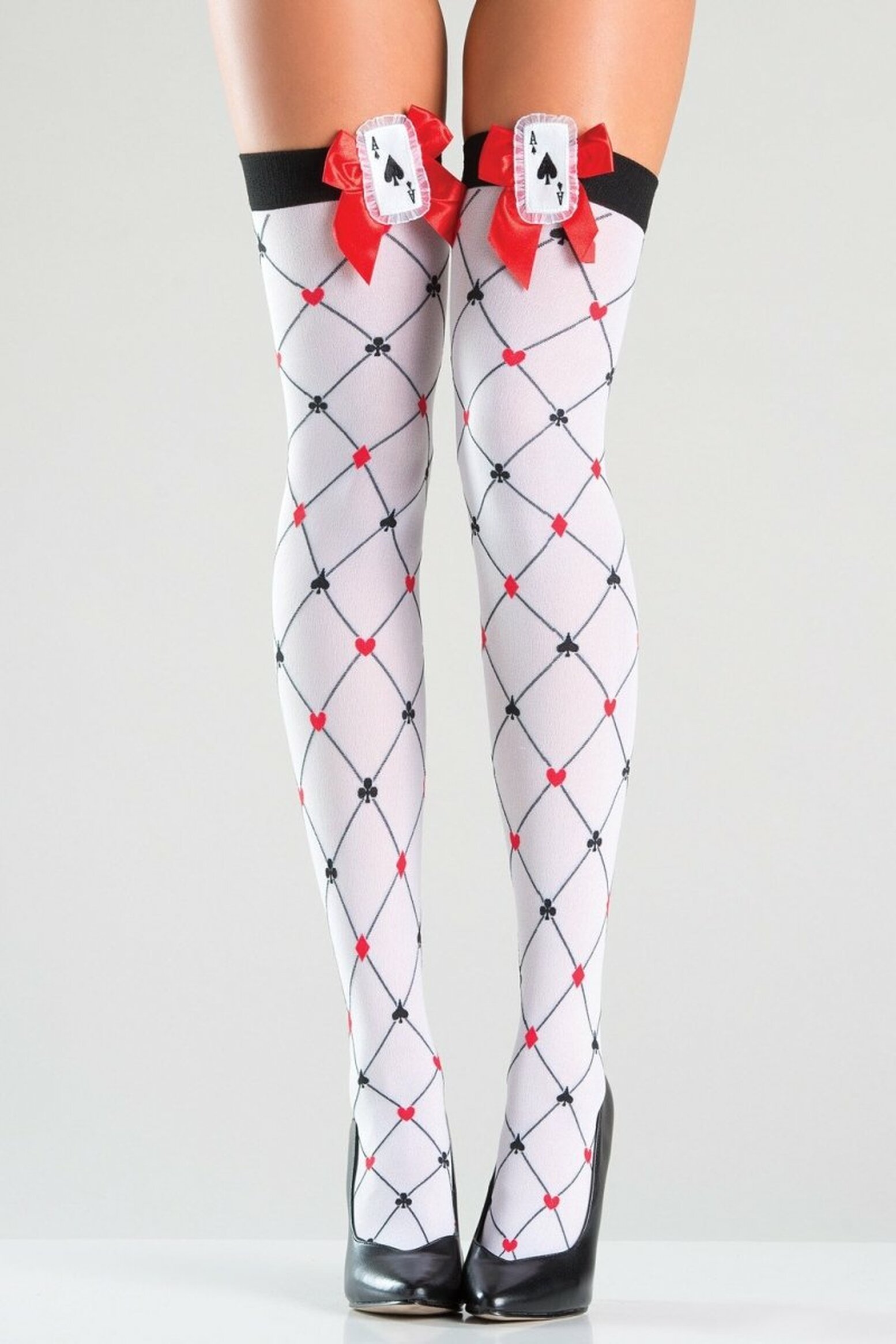 Diamond Pattern Playing Cards Bow White Thigh Highs | RebelsMarket