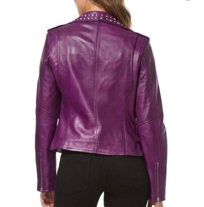 Women Purple Leather Studded Biker Jacket, Women Gothic | RebelsMarket