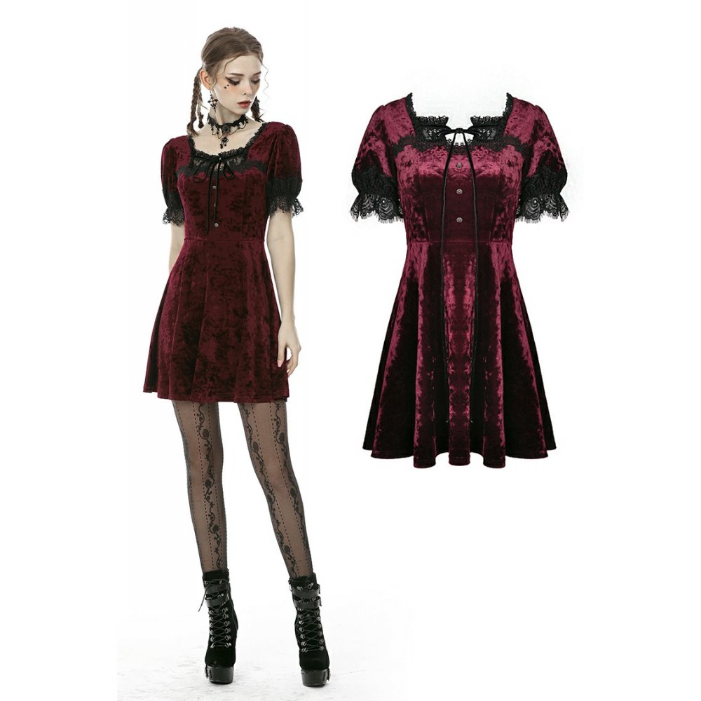Gothic Women's Wine Red Floral Velvet Lace Trim Dress | RebelsMarket