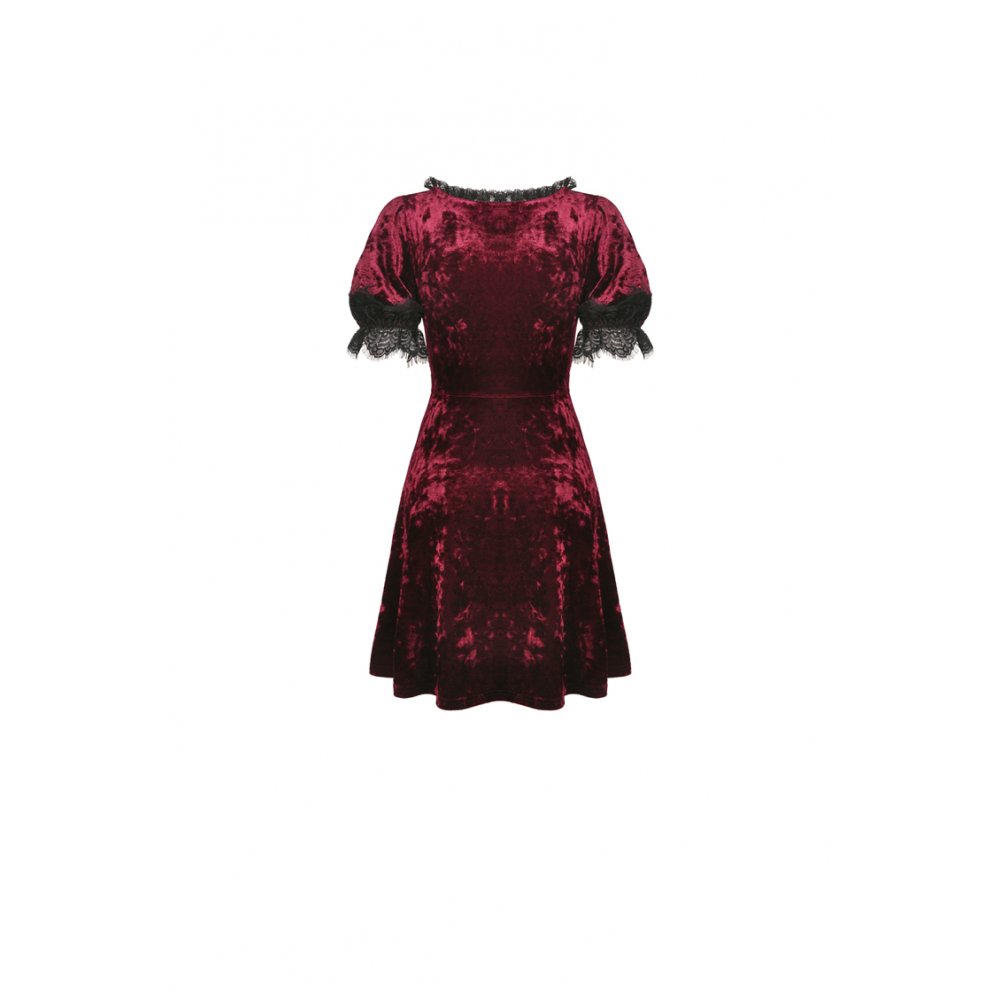 Gothic Women's Wine Red Floral Velvet Lace Trim Dress | RebelsMarket