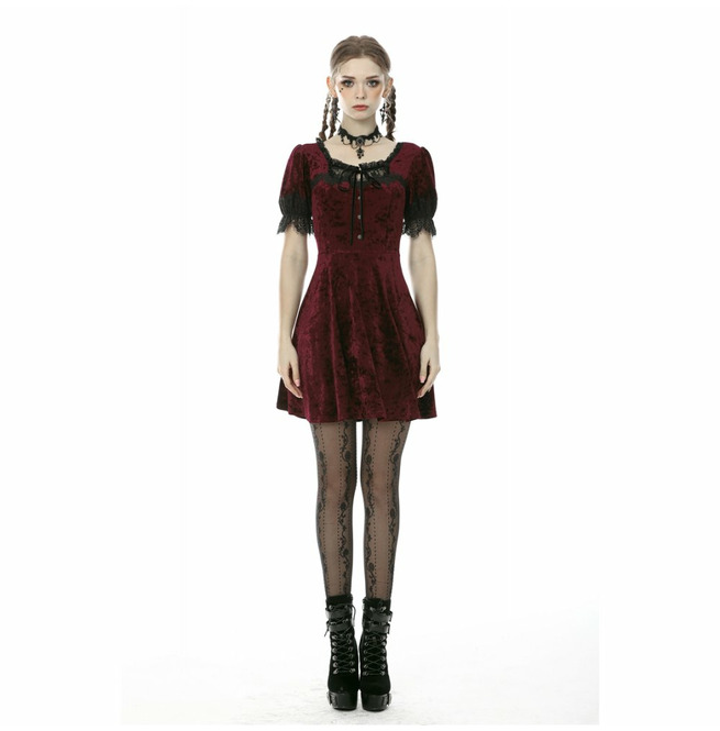 Gothic Women's Wine Red Floral Velvet Lace Trim Dress | | RebelsMarket