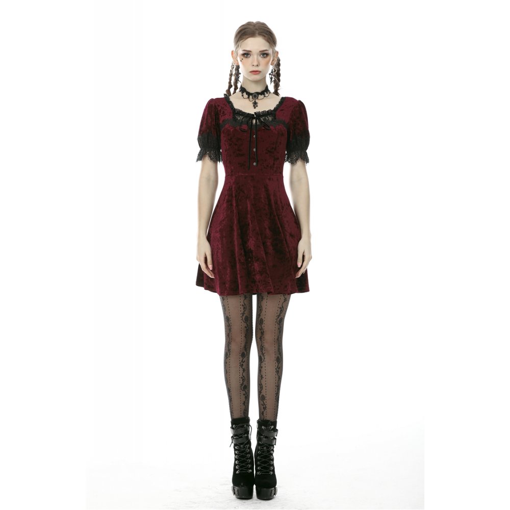 Wine Red Floral Velvet Gothic Lace Trim Dress | Dark In | RebelsMarket