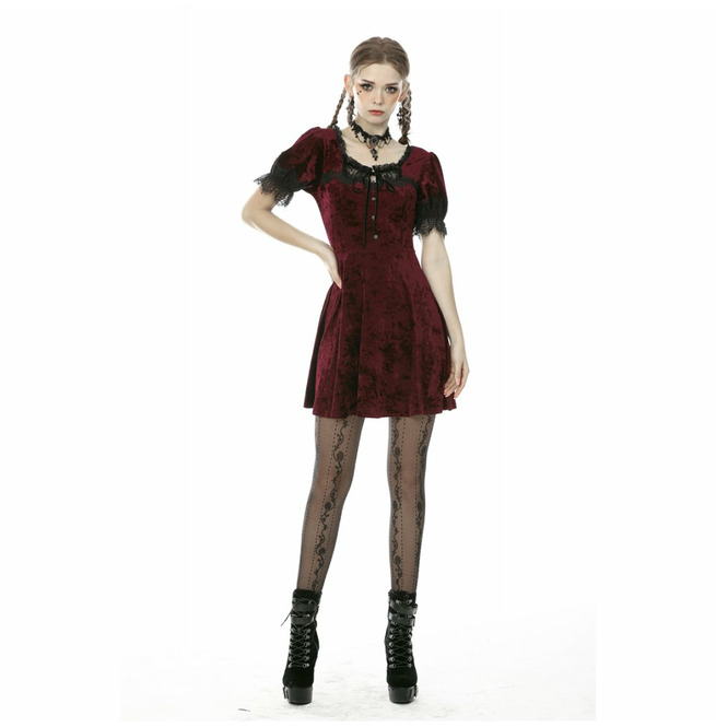 Gothic Women's Wine Red Floral Velvet Lace Trim Dress | | RebelsMarket