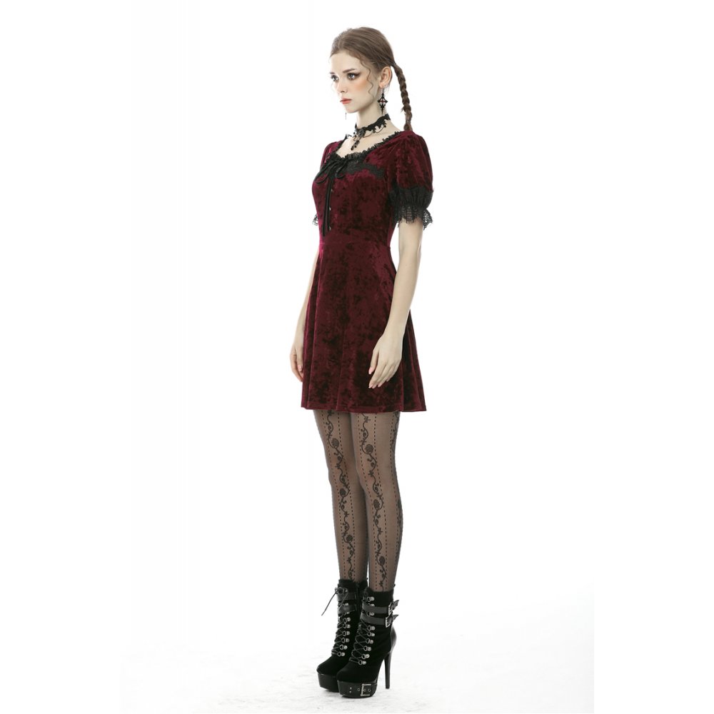 Gothic Women's Wine Red Floral Velvet Lace Trim Dress | RebelsMarket