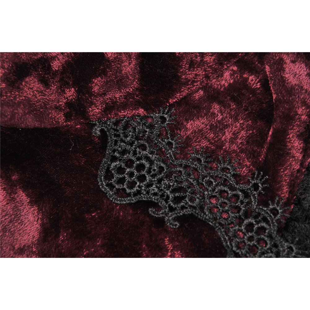 Gothic Women's Wine Red Floral Velvet Lace Trim Dress | RebelsMarket