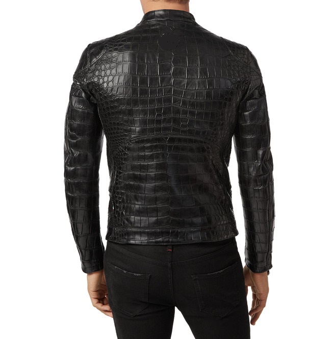 Men Black Crocodile Embossed Pattern Leather Jacket , | RebelsMarket