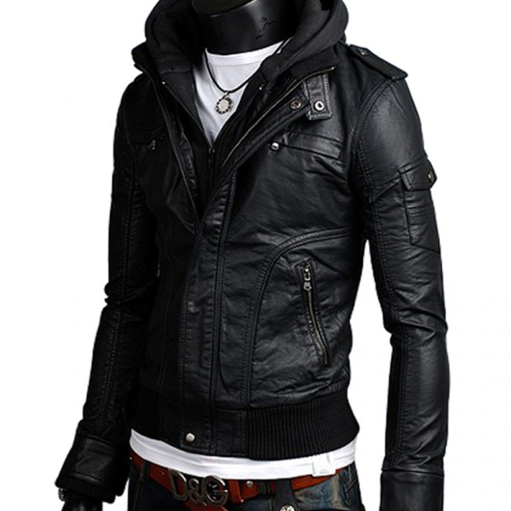 Men Black Slim Fit Fabric Hooded Jacket, Leather Hooded | RebelsMarket