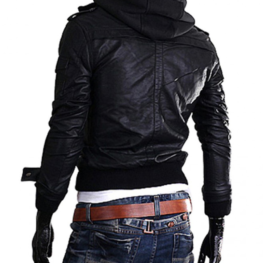Men Black Slim Fit Fabric Hooded Jacket, Leather Hooded | RebelsMarket