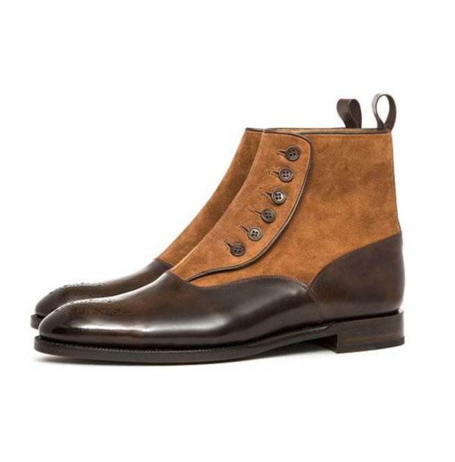 Handmade Elegant Button Boots, Men Tan Suede And Brown | RebelsMarket
