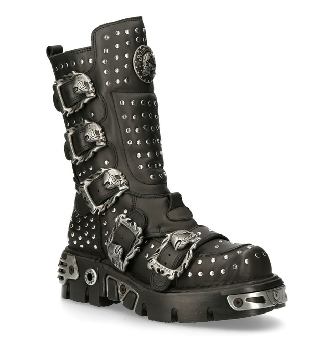 Metallic Skull Black Leather Goth Studded Boot | New | RebelsMarket
