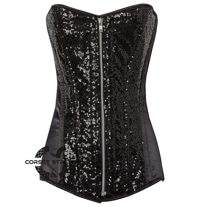 Black Satin Sequins Work Burlesque Long Zipper Overbust Rebelsmarket