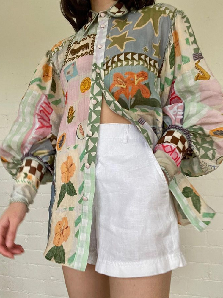 Kidcore Cartoon Print Single Breasted Lantern Sleeve | RebelsMarket