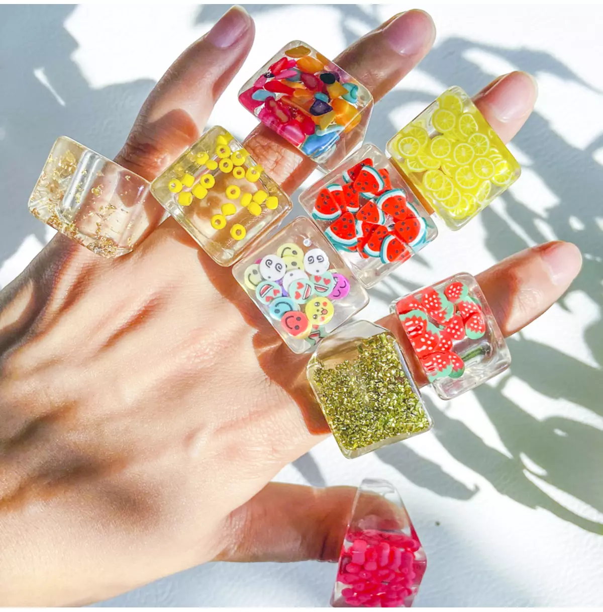 Kidcore Transparent Square Chunky Fruit Bead Rings