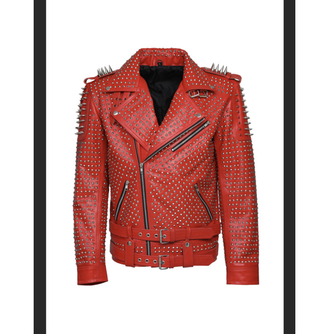 Hand Studded Red Spiked Leather Jacket for Men, Rivet | RebelsMarket