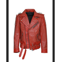 Hand Studded Red Spiked Leather Jacket for Men, Rivet | RebelsMarket