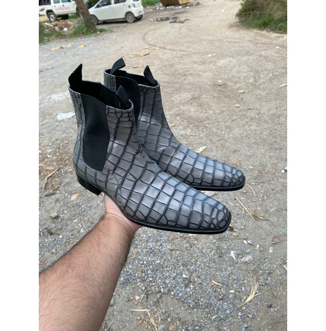 Handmade Men Gray Crocodile Boots, Men Alligators Boot, | RebelsMarket