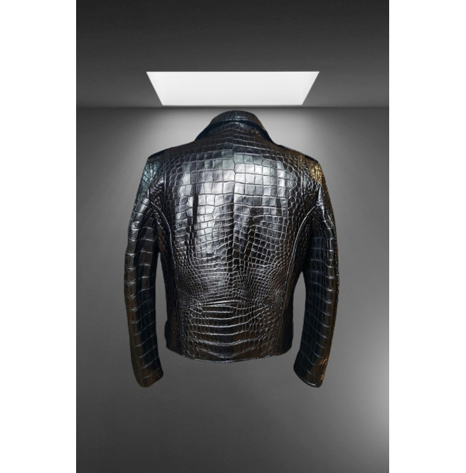 Men Black Crocodile Biker Leather Jacket, Men Motorcyc | RebelsMarket