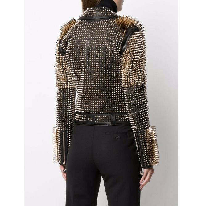 Women's Black Punk Studded Brando Biker Leather Jacket | RebelsMarket