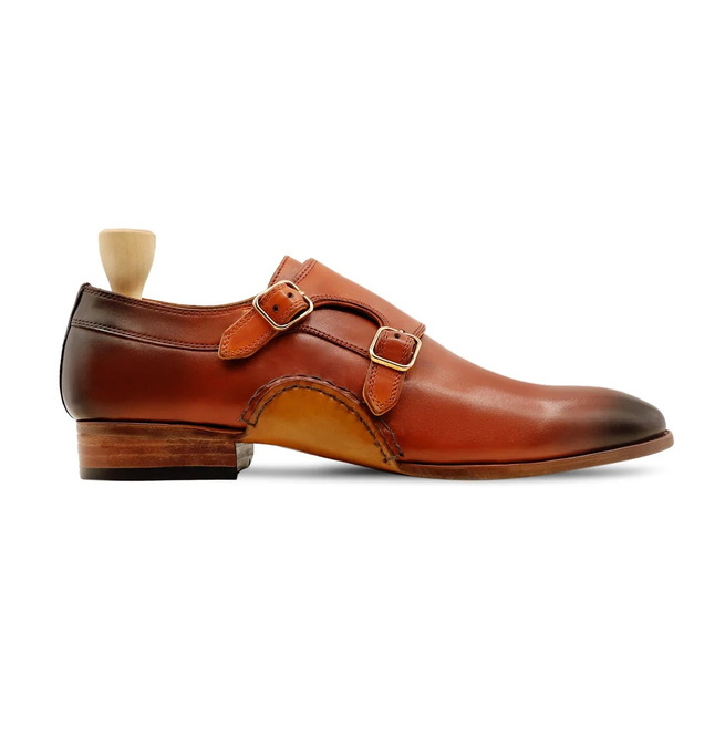 Handmade Men Tan Leather Double Buckle Shoes, Men | RebelsMarket