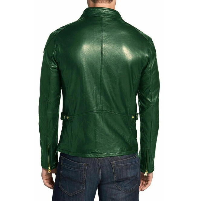 Men Green Leather Slim Fit Jacket, Men Biker Jacket, | RebelsMarket