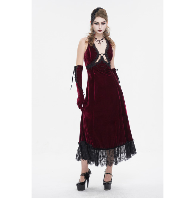 Goth Long Embroidered Sleeveless Claret Velvet Dress | | RebelsMarket