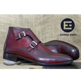 Handmade Men's Burgundy Double Monk Boot Ankle High | RebelsMarket