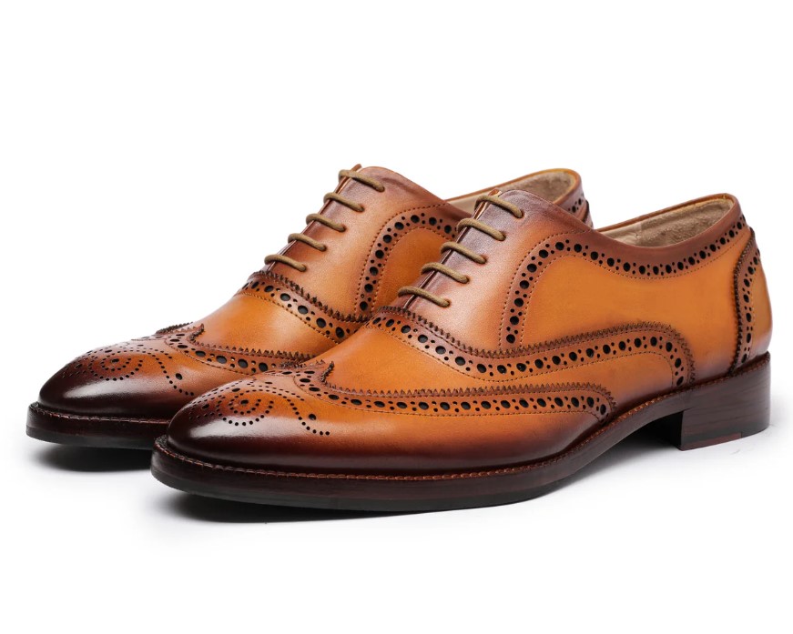 Handmade Mens Wingtips Brogue Dress Shoes, Men Tan | RebelsMarket