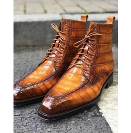 Handmade Men Tan Brown Crocodile Ankle Boots, Lace up | RebelsMarket