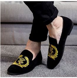 New Handmade Men Black Embroidered Loafer Velvet Shoes, | RebelsMarket