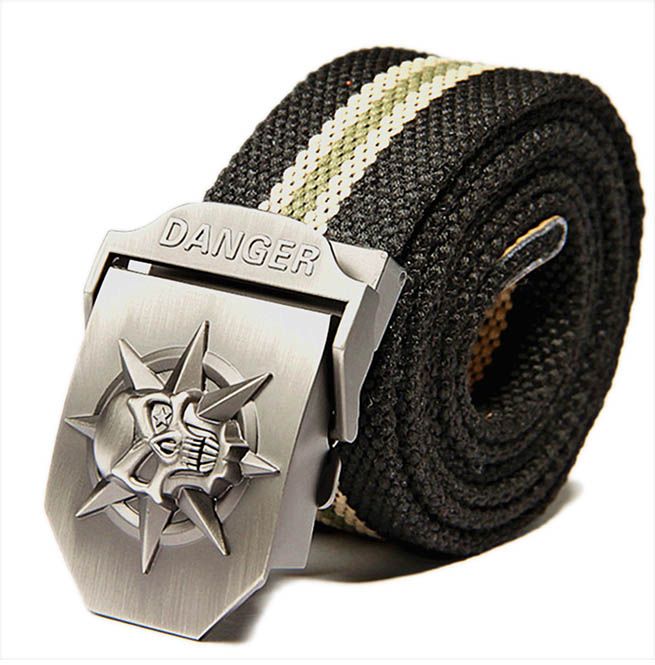 Heavy Metal Metallic Grey Skull Buckle Canvas Belt | RebelsMarket
