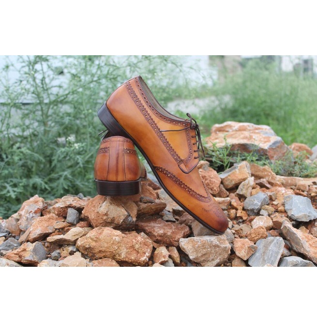 Handmade Men Wingtip Brogue Formal Shoes, Tan Color | RebelsMarket