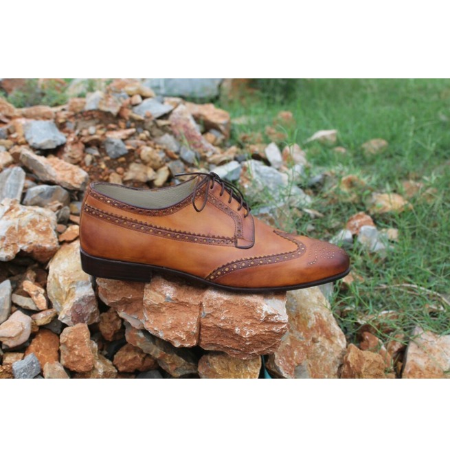 Handmade Men Wingtip Brogue Formal Shoes, Tan Color | RebelsMarket