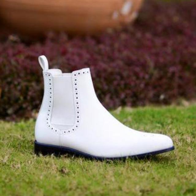 Handmade Men White Leather Chelsea Boots White Brogue Chelsea Boots