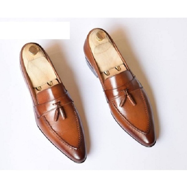 Men Tan Color Leather Tassels Moccasins Shoes Formal | RebelsMarket