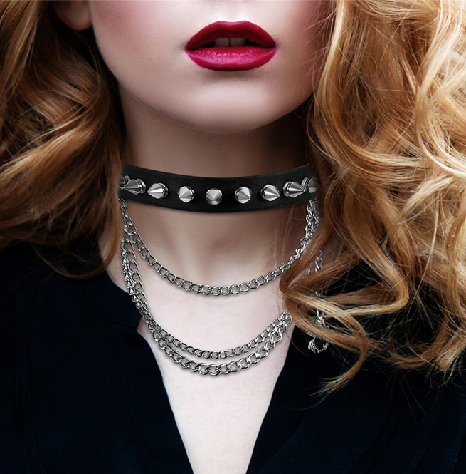 Punk Leather Spike Choker Necklace Women s Pin Up Heavy Metal Rock Jewelry