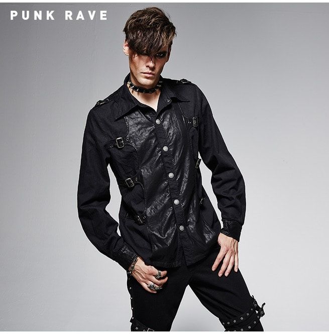 Punk Rock Black Denim And Leather Spliced Long Sleeves | RebelsMarket