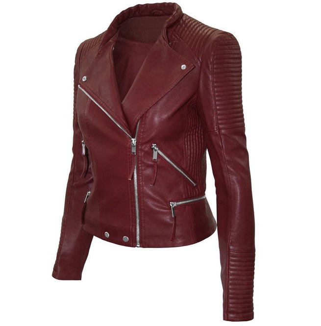 Women Maroon Color Leather Jacket Biker Stylish Zipper | RebelsMarket