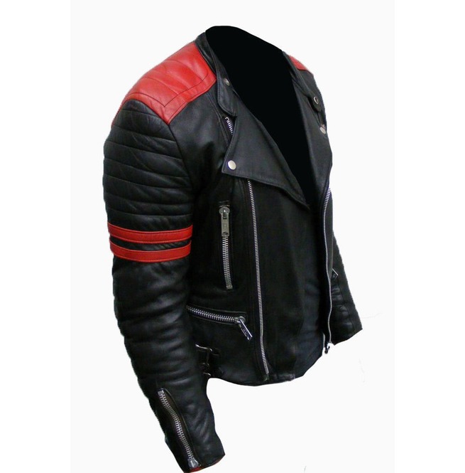 Men Two Tone Leather Jacket, Black And Red Color Brando | RebelsMarket