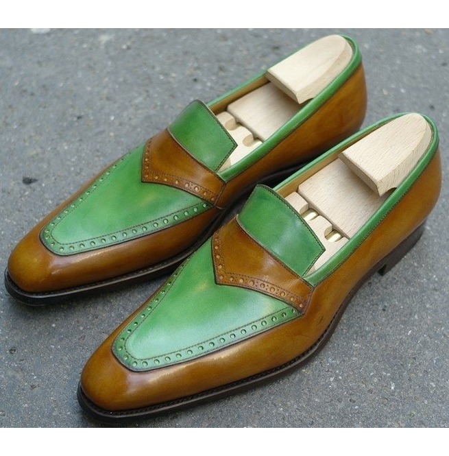 Men Fashion Style Two Tone Shoes, Green Color And Brown | RebelsMarket