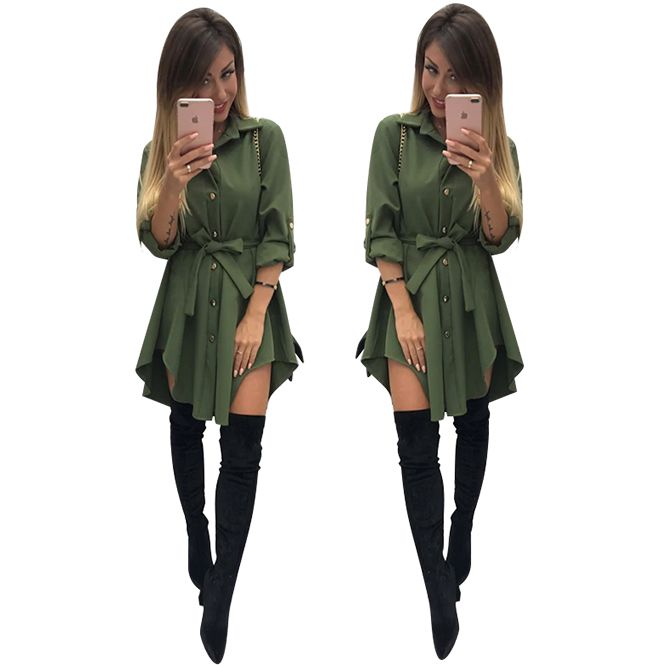 Long Sleeve Irregular Length Tie Waist Shirt Dress | RebelsMarket