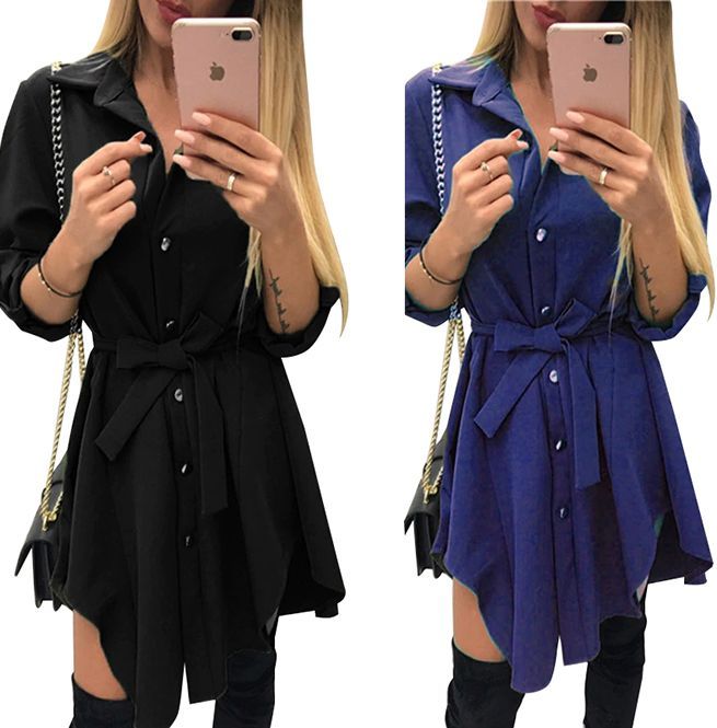Long Sleeve Irregular Length Tie Waist Shirt Dress | RebelsMarket