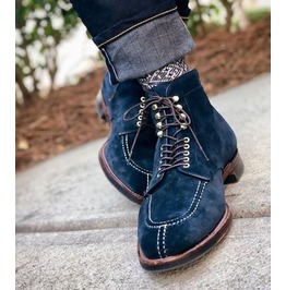 Handmade Men Navy Blue Suede Lace Up Ankle High Boots, | RebelsMarket