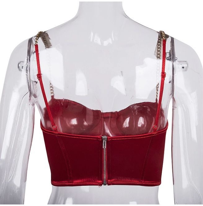 Womens Sexy Chain Strap Padded Bustier Zipper Crop Top Rebelsmarket