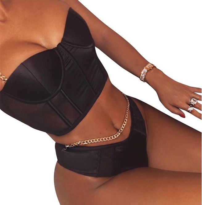 Womens Sexy Chain Strap Padded Bustier Zipper Crop Top Rebelsmarket