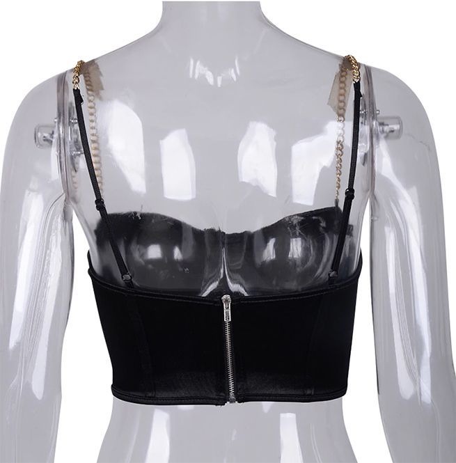 Womens Sexy Chain Strap Padded Bustier Zipper Crop Top Rebelsmarket