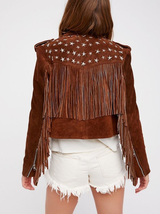 Women Brown Rock Punk Style Studded Fringe Jacket, | RebelsMarket