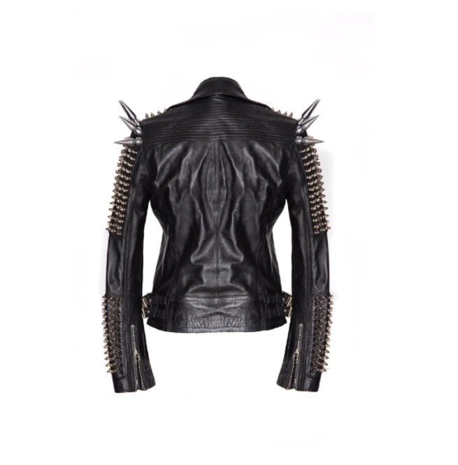 Men Silver Studded Long Spiked Jacket Leather Black | RebelsMarket